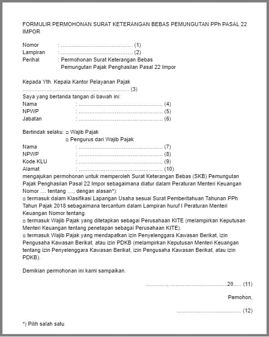 Contoh Surat Keterangan Bebas Pajak Permohonan SKB Pph 22 Impor