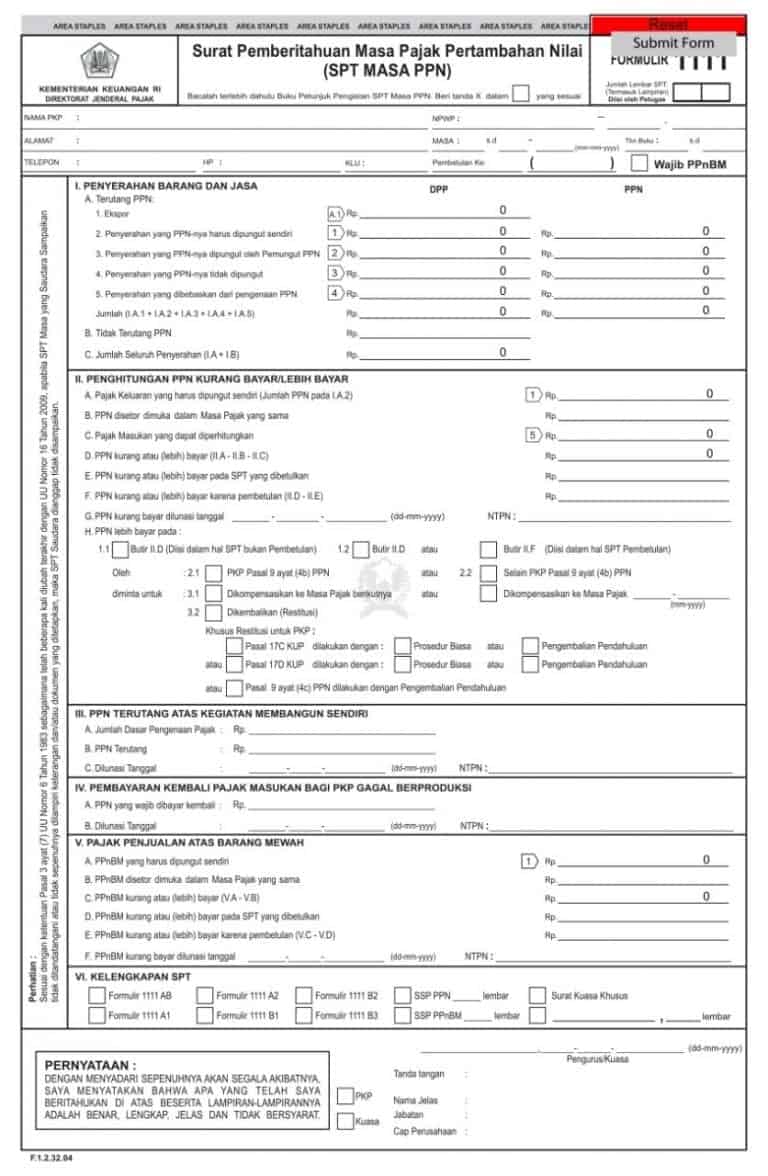 Formulir SPT Masa PPN 1111 : Perlu Isi saat Lapor SPT PPN e-Faktur 3.0
